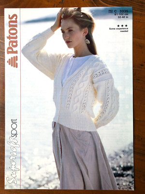 Patons 3335 knitting pattern ladies aran cable & lace panel v-neck ...