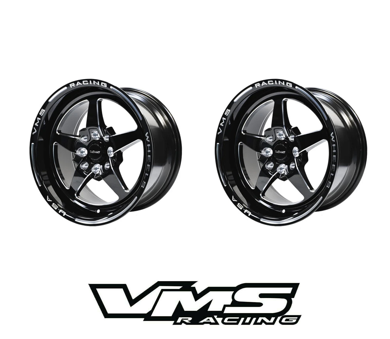 15X8 VMS RACING 5 SPOKE STAR BLACK DRAG RIMS WHEELS 4X100/4X114 ET20 ...