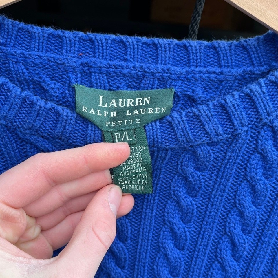 Lauren Ralph Lauren Petite Blue Cable Knit Crest Logo Sweater Women's P ...