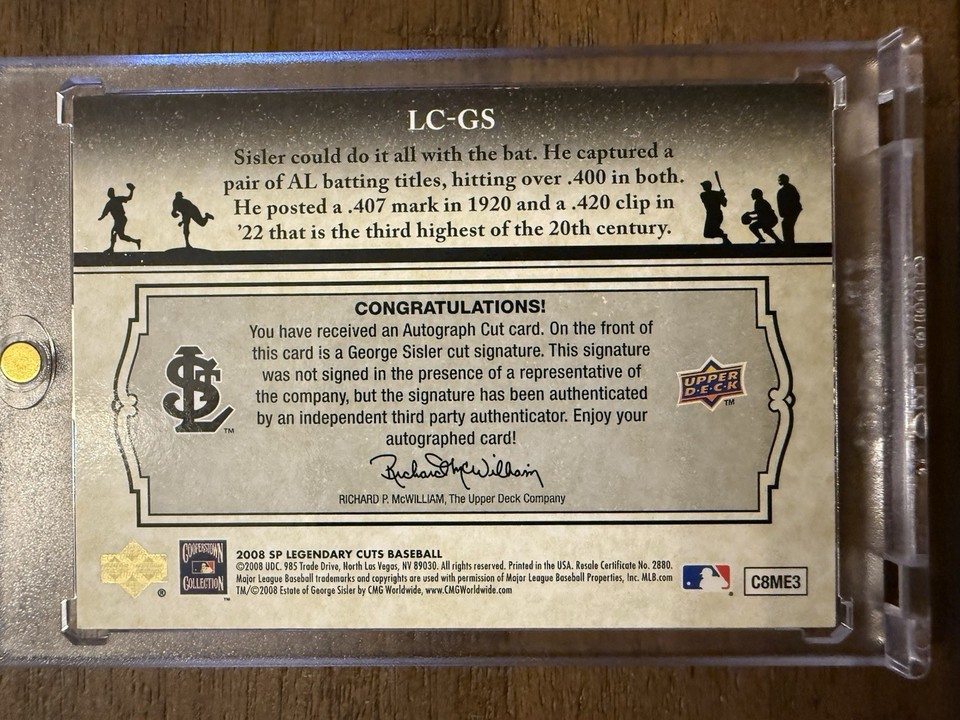 2008 Upper Deck SP Legendary Cuts George Sisler Cut Auto Autograph ...