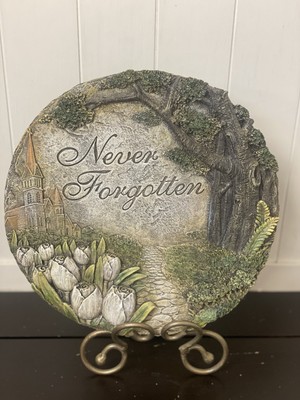 Memorial Garden Plaque-Never Forgotten with Tulips and Church Scene. | eBay