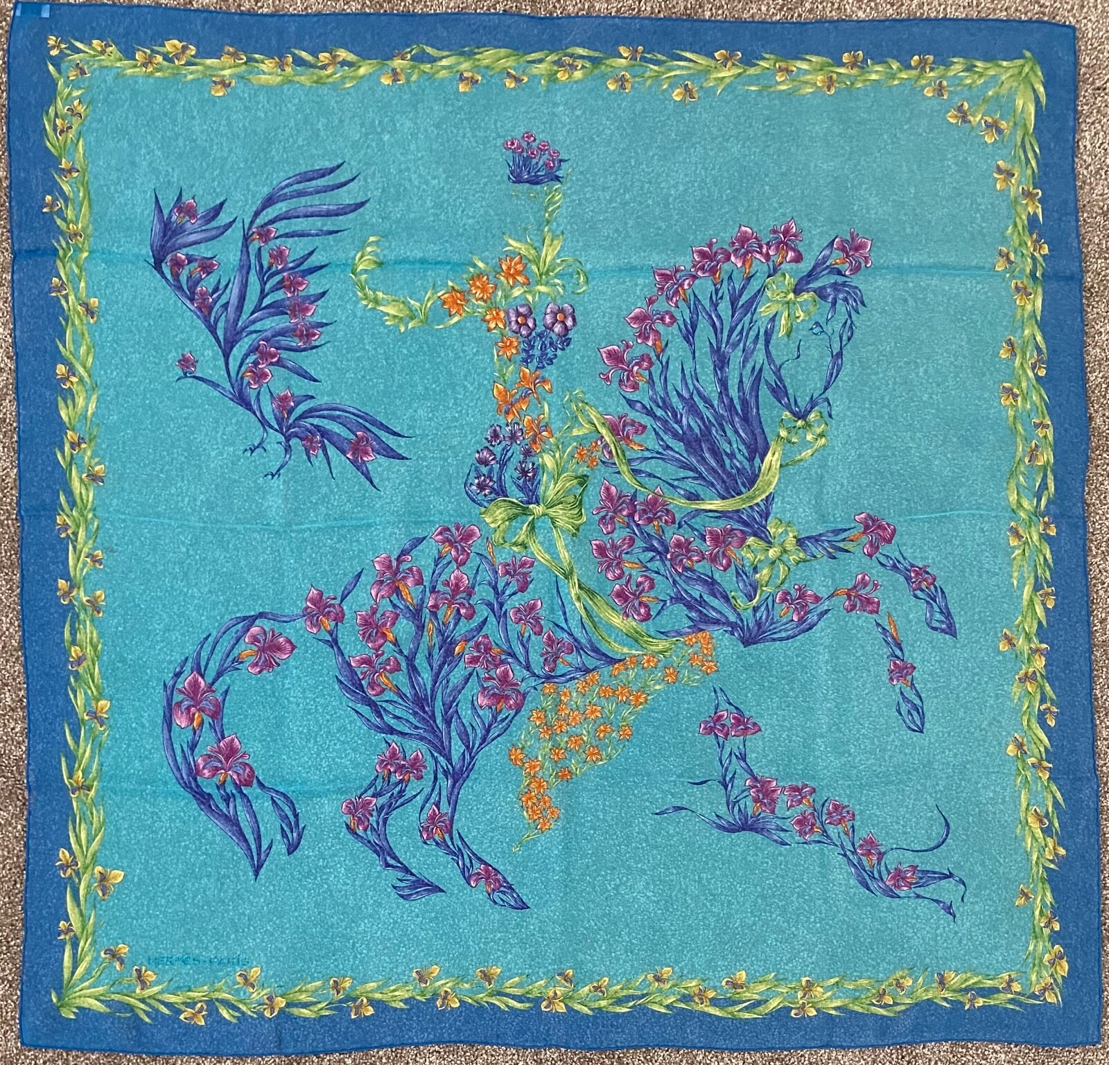 Hermes Scarf 90cm CHEVAL FLEURI Blue Mousseline Silk … - Gem