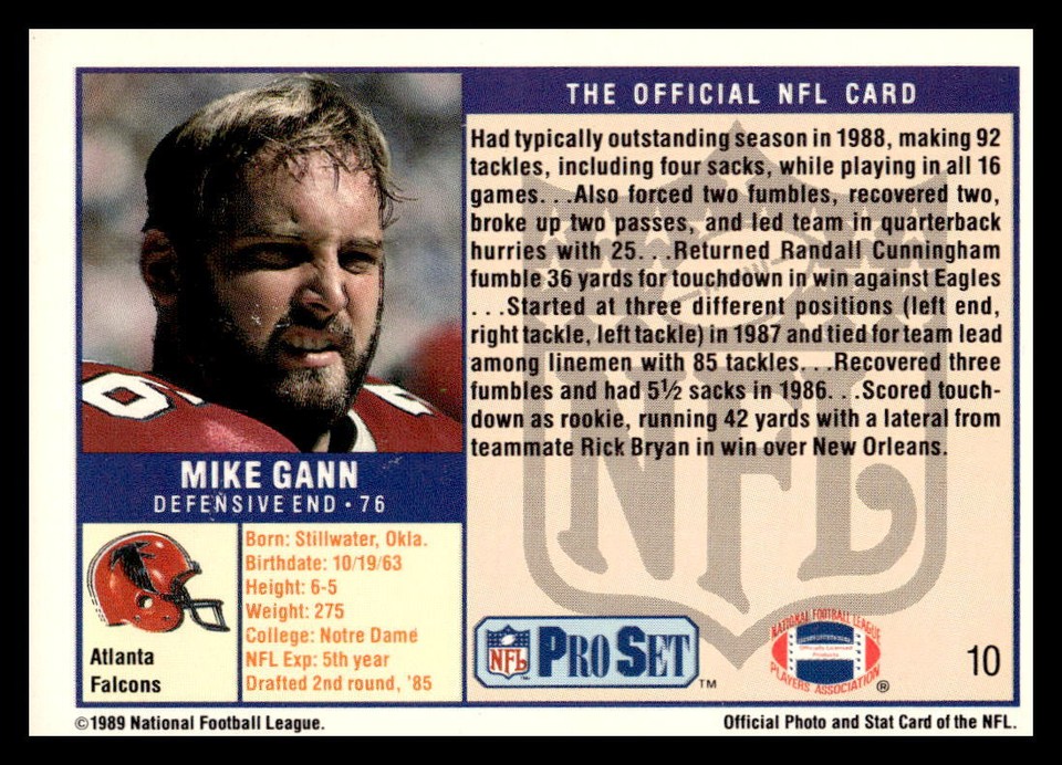 1989 Pro Set 10 Mike Gann Atlanta Falcons Football Card | eBay