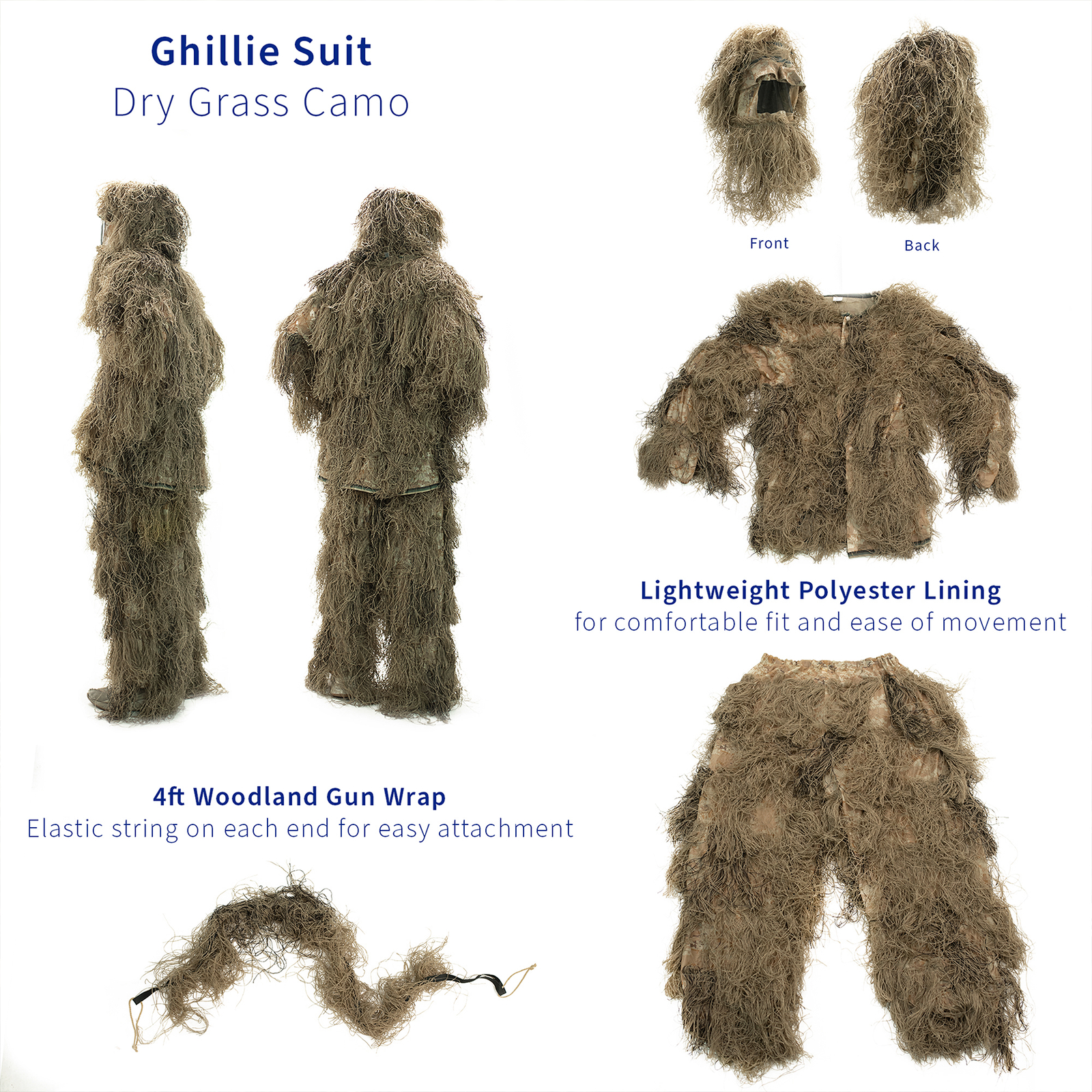 VIVO Ghillie Suit Adult M/L Dry Grass Woodland Camouflage, 3D 4-Piece ...