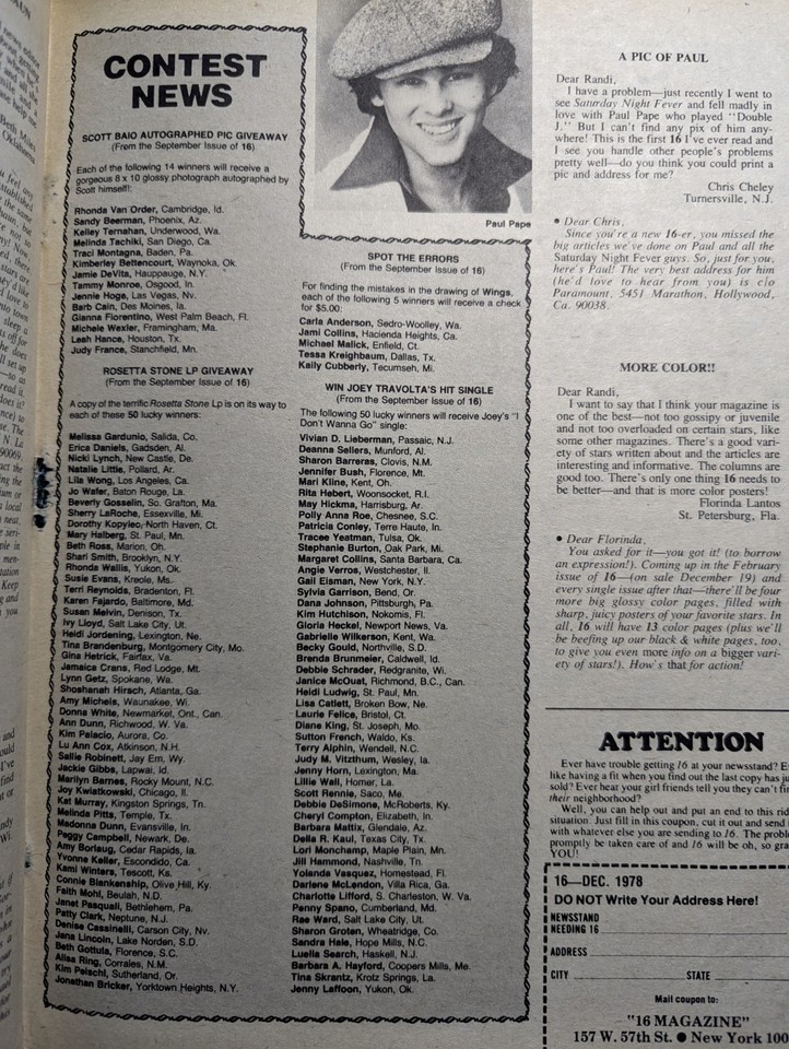 16 Magazine December 1978 KISS, Bay City Rollers, Andy Gibb, Sgt Pepper ...