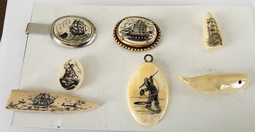 7 Pcs Vintage Hand Carved Scrimshaw Eskimo Hunter, ship, Pin Brooch Tie ...