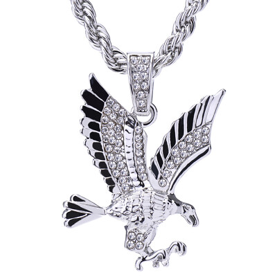 Mens Iced Out CZ Silver Plated Eagle Pendant 20 inch Rope Chain Hip Hop ...