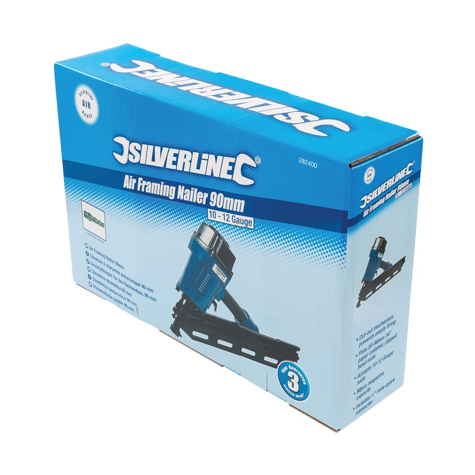 Silverline 90mm Air Framing Nailer Nail Gun For Roofing Fencing Decking ...