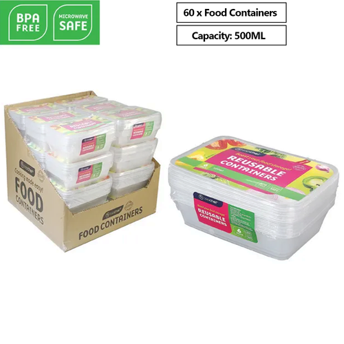 60 x Takeaway Food Containers Plastic Lids Rectangular 500ml Meal Prep ...