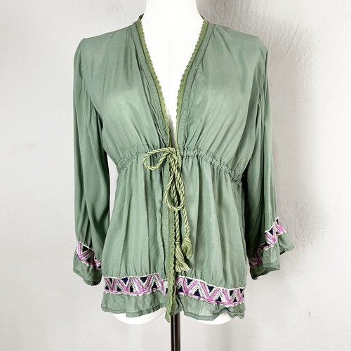 Fun2Fun Tie Front Lace Trim Green Embroidered Blouse Renaissance Fairy ...