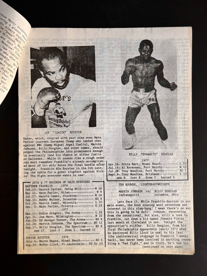 Tonight’s Boxing Program • Matthew Saad Muhammad & Marvin Johnson • Nov ...