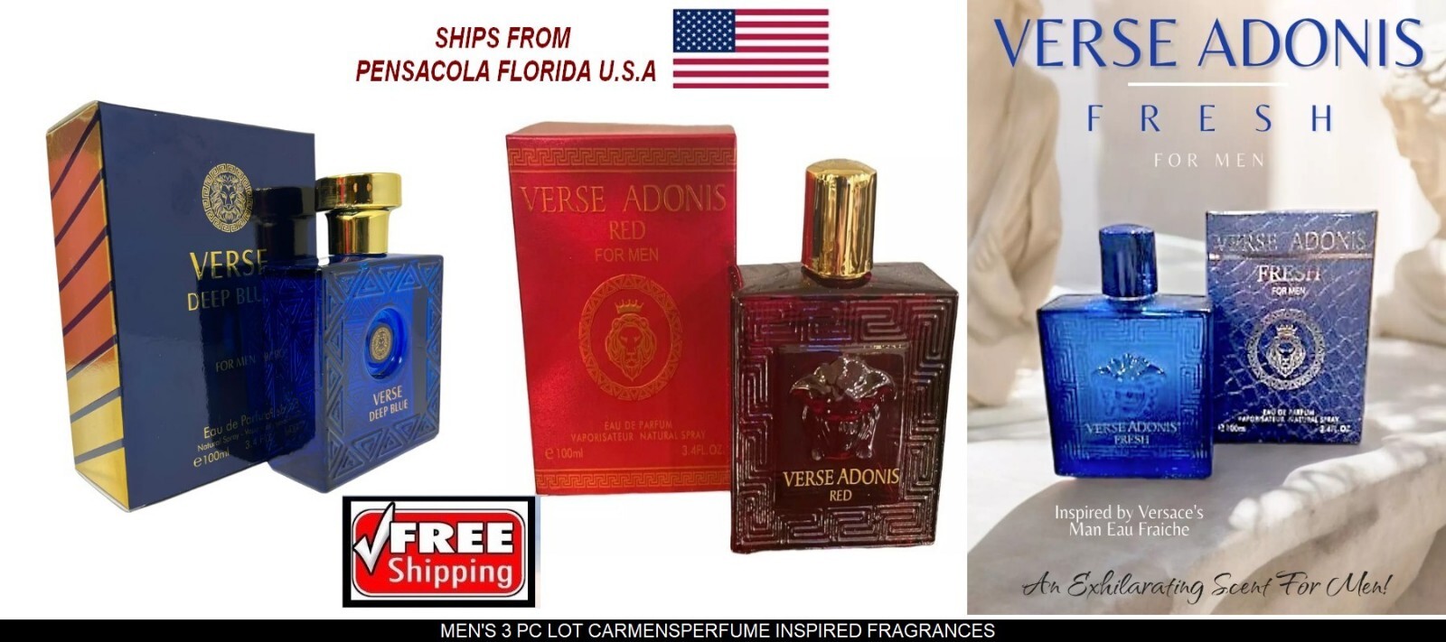 Men's Luxury VERSE Colognes Versions Lot Of 3 of 100 ML Sprays Free ...