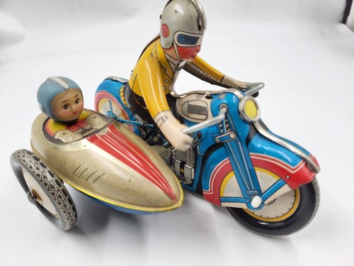 VINTAGE TIN LITHO WIND UP CLOCKWORK MOTORCYCLE WITH SIDECAR TESTED ...