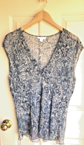 Charter Club Woman Top 14W Sheer Bleu Gray Floral Cap Sleeves Vneck 100 ...
