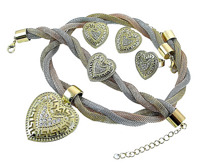 Tri-Color Gold Mesh Heart Necklace, Bracelet, Earring and Ring Set with ...