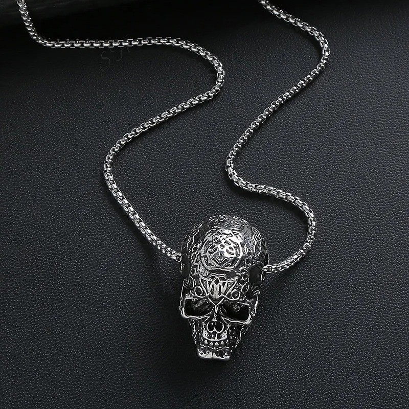 Men's Silver Skull Pendant Necklace Gothic Biker Box Chain Jewellery ...