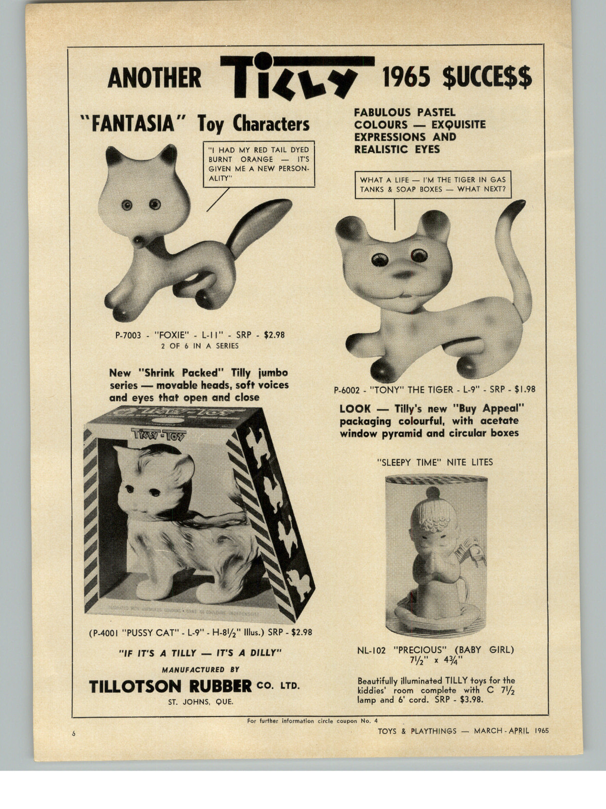 1965 PAPER AD Tilly Tillotson Rubber Toy Co Foxie Tony the Tiger Pussy ...
