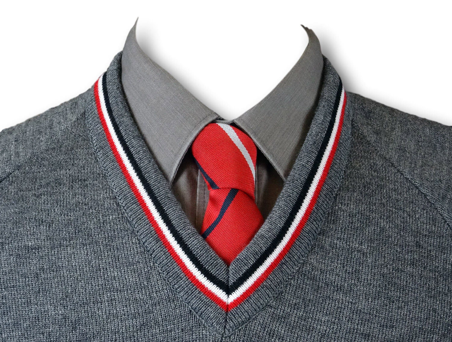 Mid Grey School Uniform Jumper - Black White & Red Trim At The Neck ...