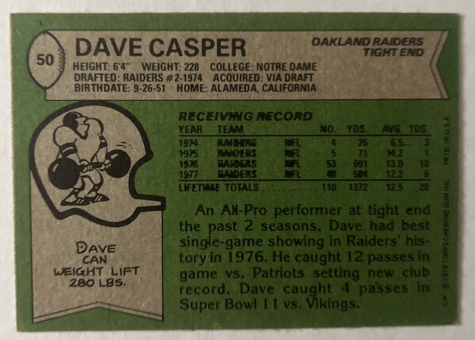 1978 Topps - #50 Dave Casper All-Pro tight end Oakland Raiders NFL ...
