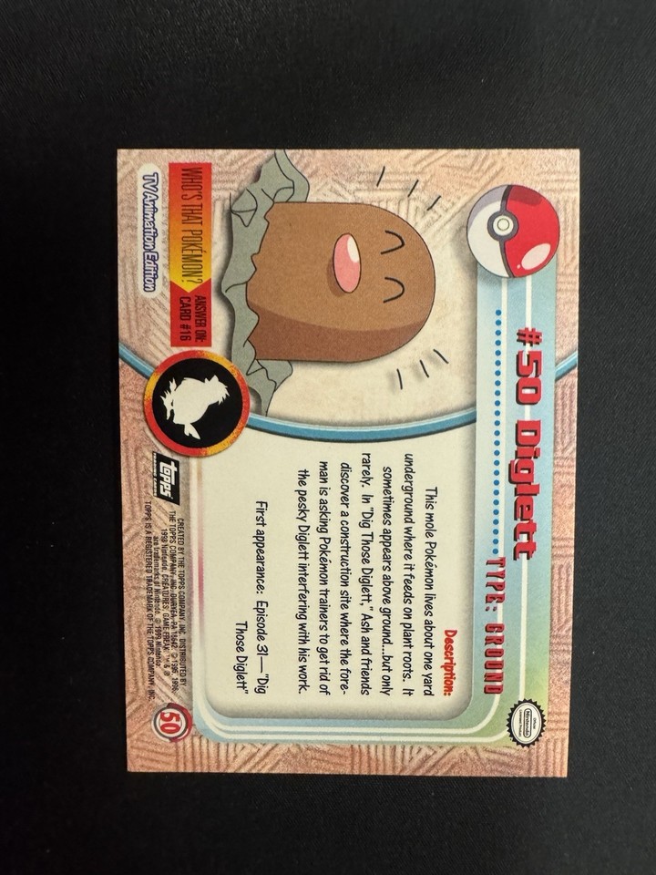 Diglett #50 Holo Black Label Topps Series 1 Pokémon 1999 TV Animation ...