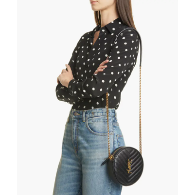 NEW SAINT LAURENT BLACK GOLD LEATHER CIRCLE ROUND CROSSBODY BAG PURSE ...