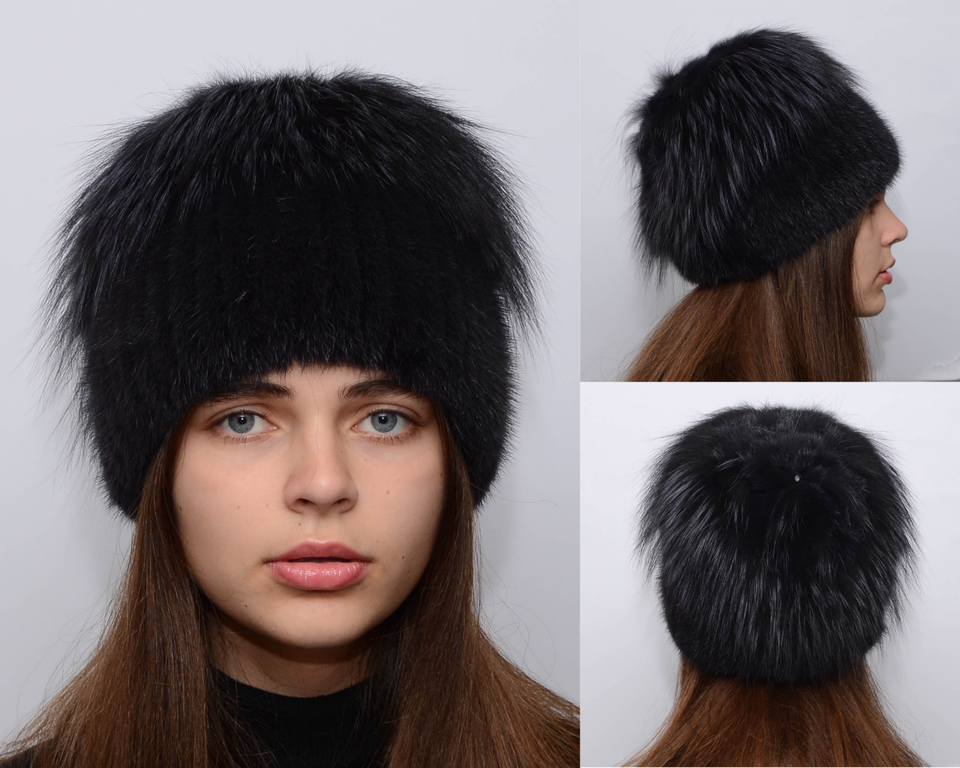 Womens Real Mink Fur Hat with Silver Fox Knit Winter Fur Hat Luxury ...
