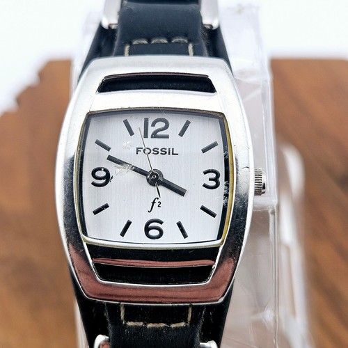 Fossil Women's Silver Tone Rectangle Dial Watch Black Leather Band ES ...