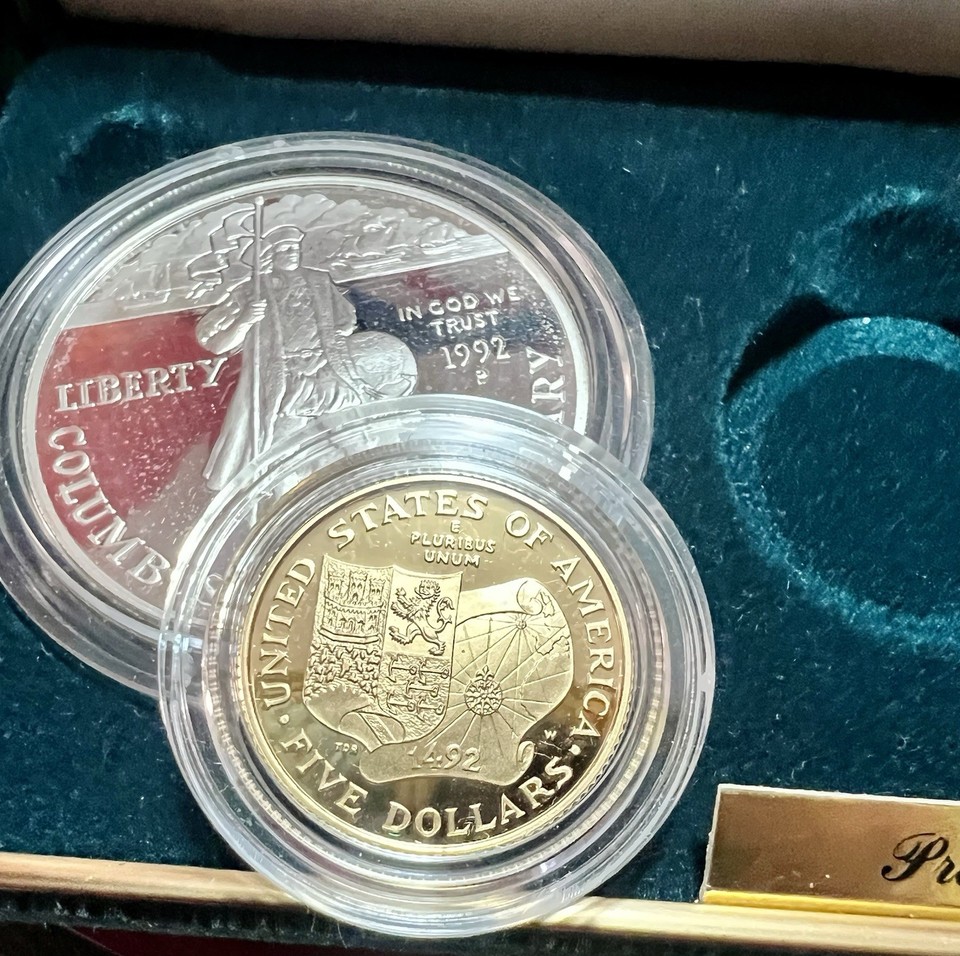 1997 FDR & 1992 COLUMBUS $5 GOLD & 1oz SILVER $1 PROOF COIN OGP COA US ...
