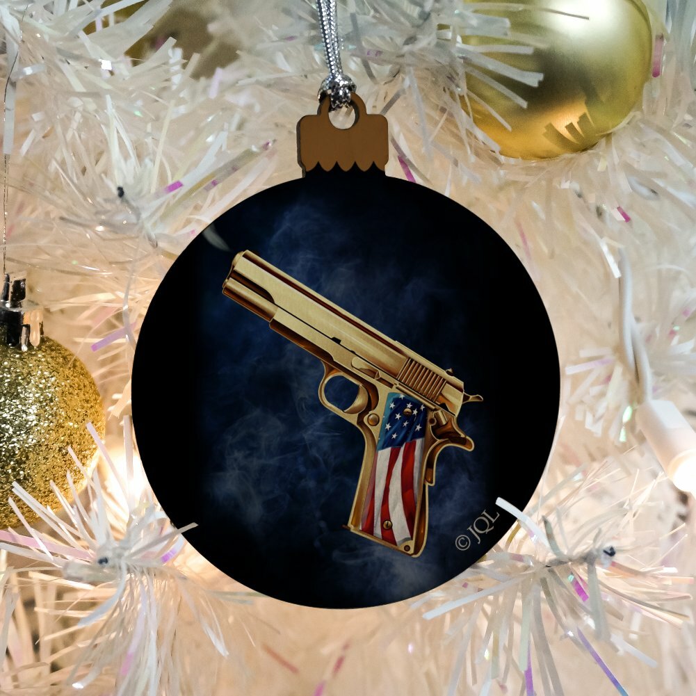 USA American Flag 2nd Amendment Golden Gun Wood Christmas Tree Holiday ...