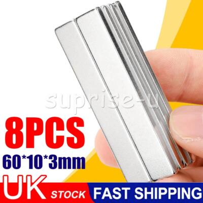 Pack of 8 Super Strong Neodymium Magnet Bars 60 x 10 x 3 mm Bar Magnets ...