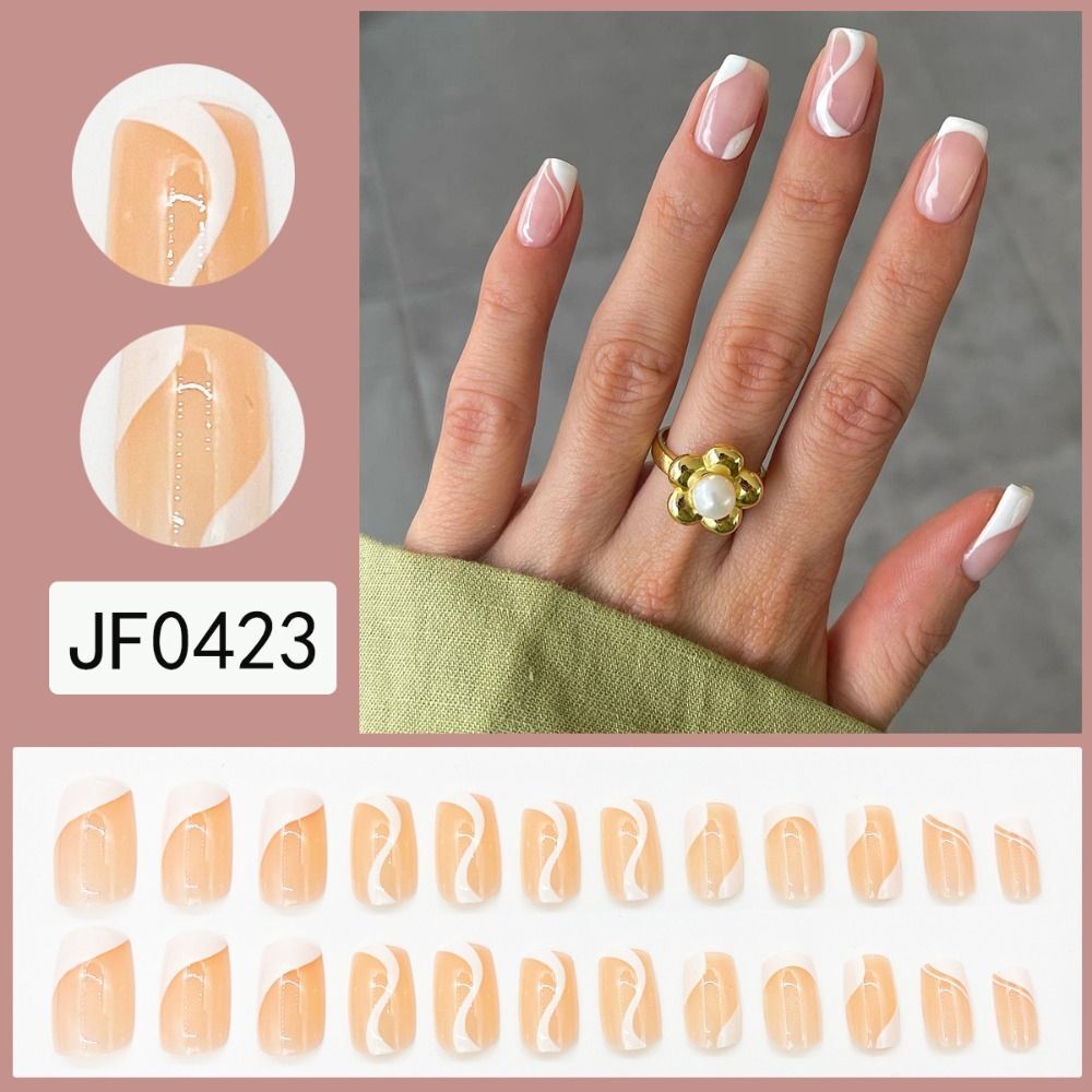 24pcs DIY Manicure Wavy Full Cover French Square Fake Nails Long | eBay