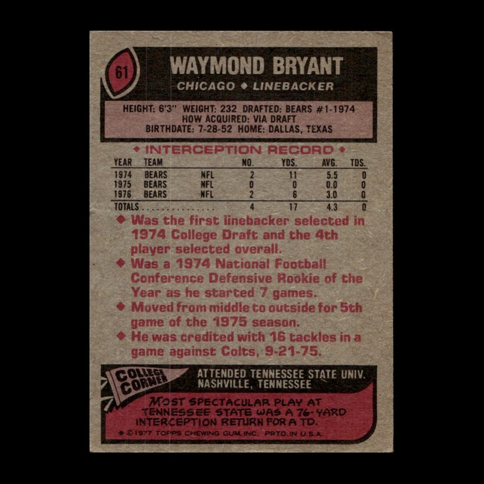 Waymond Bryant 1977 Topps Rookie Chicago Bears #61 R324C 41 | eBay