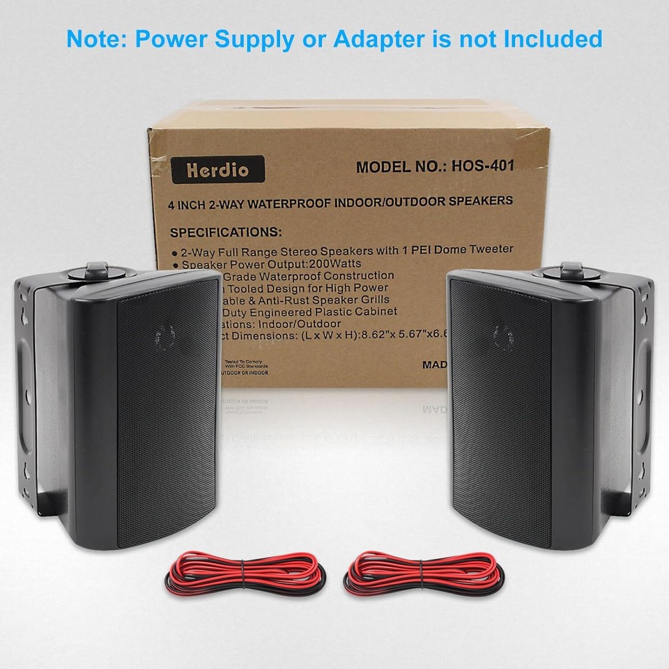 Herdio Indoor Outdoor Speakers Waterproof Wired 200W Bass Wall Mount ...