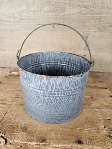 Antique Gray Enamel Graniteware Berry Pail Bucket w/handle 5" tall | eBay