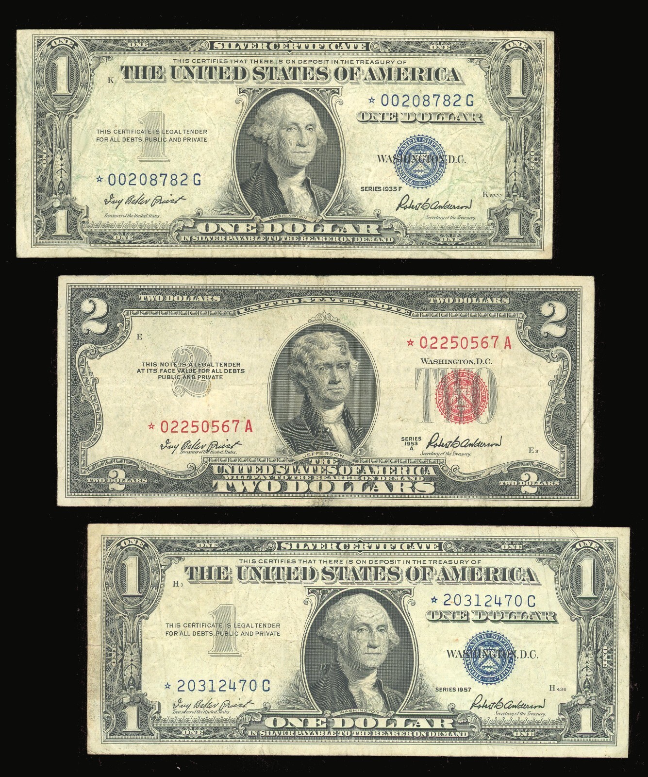 Set of STARS Old US Currency & Silver Certificate $1 1957, $1 1935, $2 ...