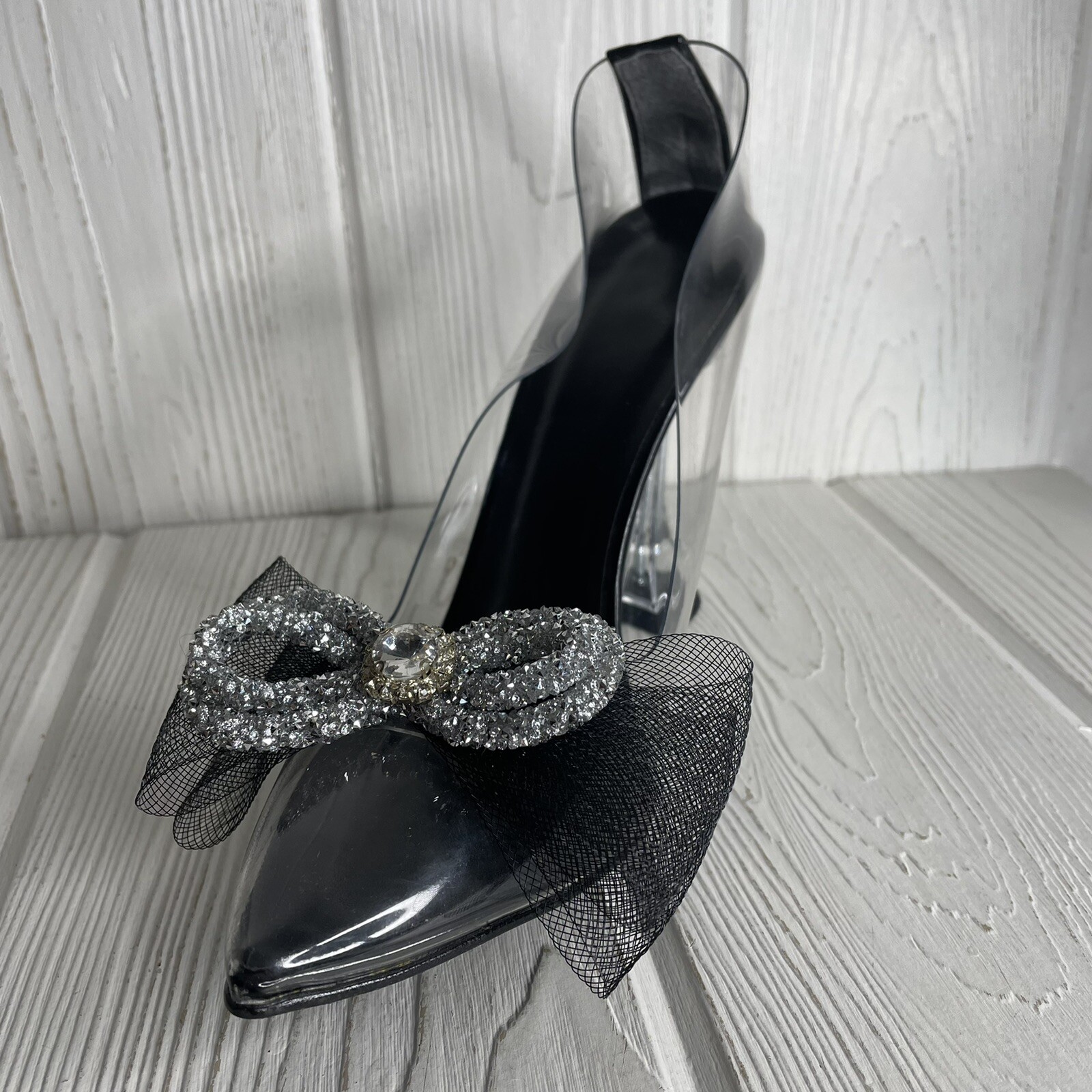 Star Clear Pumps 9 40 Black Mesh & Rhinestone Bows 4.… - Gem