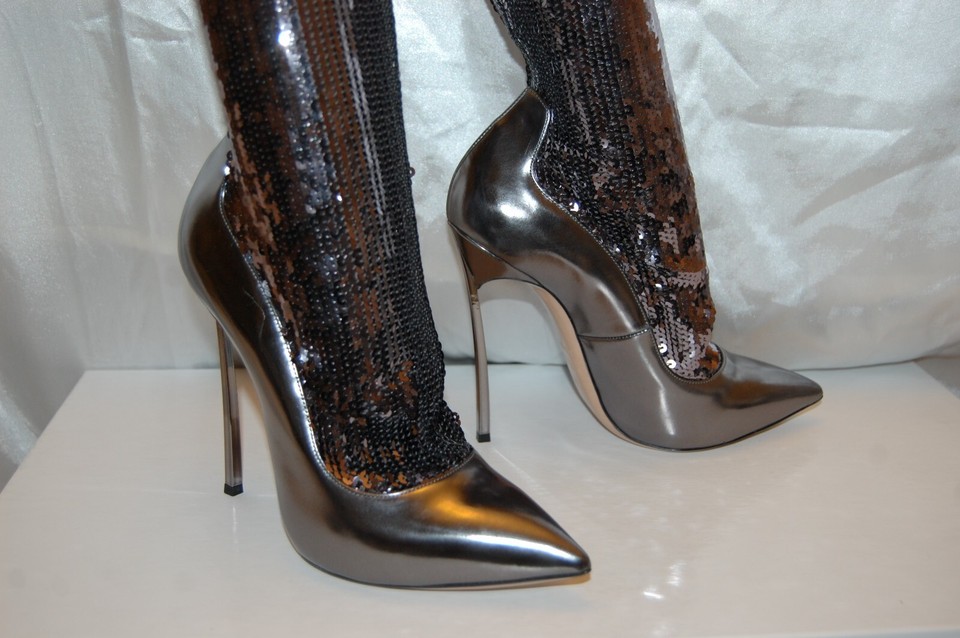 37.5/7 ️CASADEI BLADE HIGH HEELS METALLIC SLIVER SIQUIN ANKLE BOOTS ...