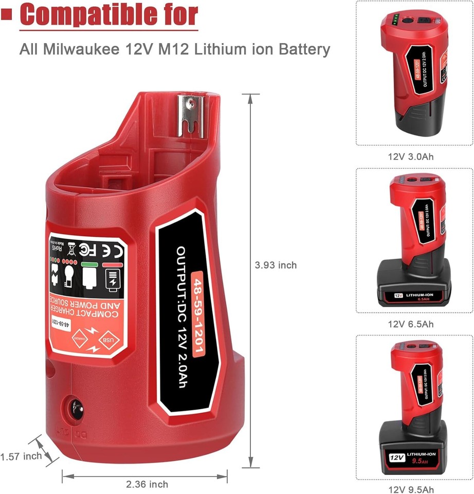 NEW For Milwaukee M12 Battery USB Charger Adapter Power Source 12V 48 ...