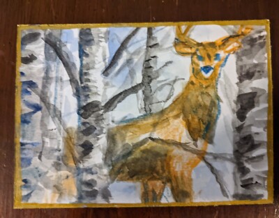 Aceo painting Original OOAK Signed Watercolor Pen 3.5" X 2.5" Deer In ...