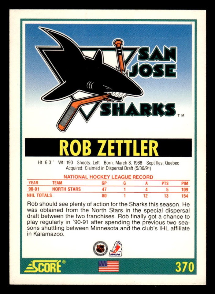 Rob Zettler 1991 Score American #370 San Jose Sharks | eBay
