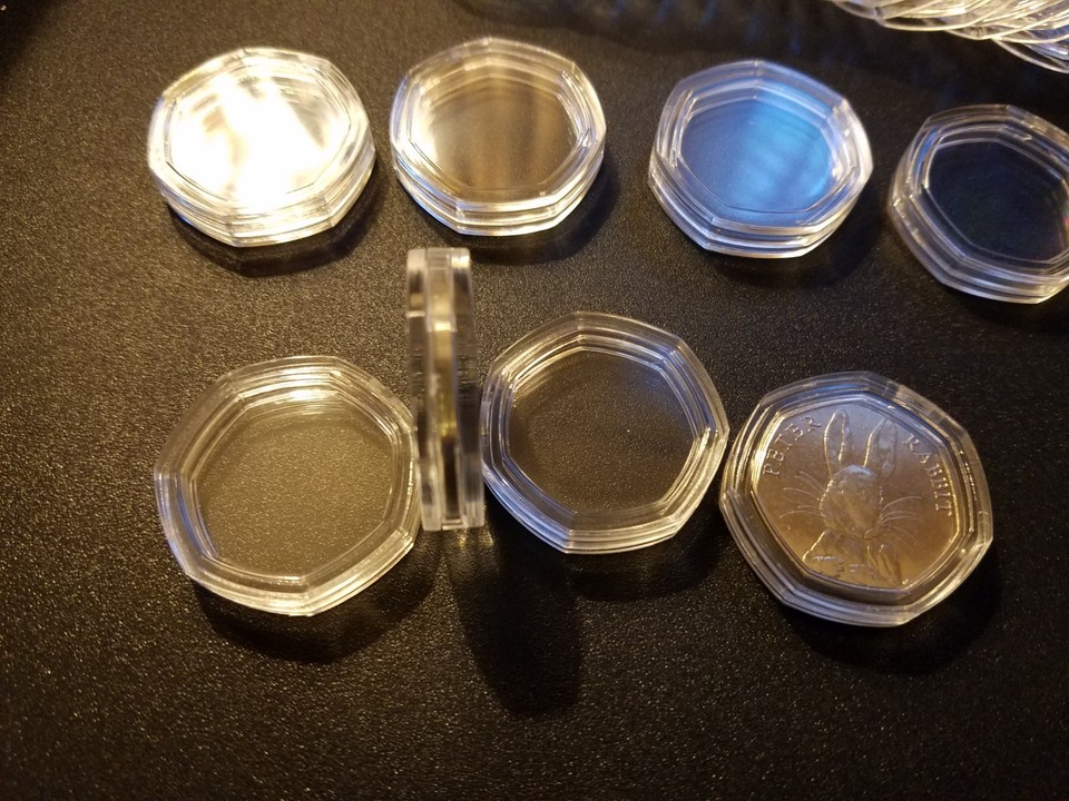 HEPTAGON ACRILYC COIN CAPSULES FOR 50 pence coins (6;12;20;45 or 100 ...