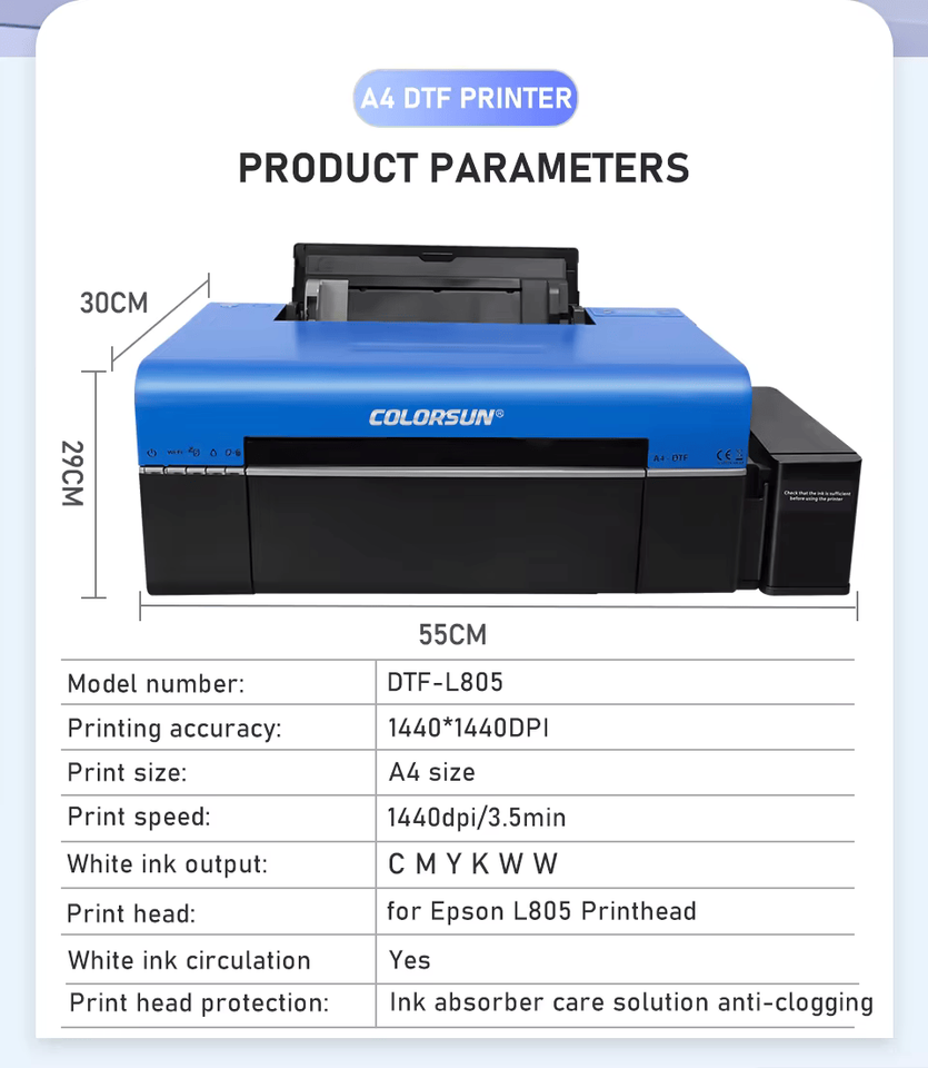 A4 DTF Printer L805 | 6-Color White Ink | 8-in-1 Heat Press Combo + RIP ...