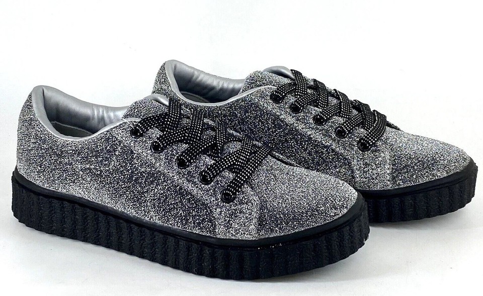 NEXT Older Girls Youth UK 2 EU 34.5 Silver Shimmer Fabric Lace Up ...