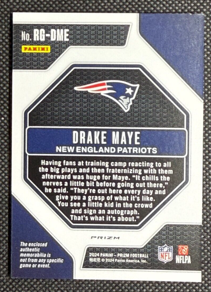 2024 Panini Prizm Drake Maye Rookie Gear Patch Silver Prizm Rookie Card ...