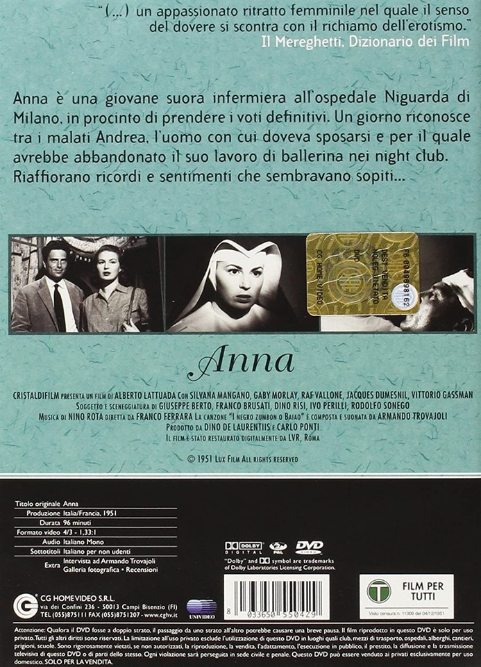 Anna (DVD) Vittorio Gassman Piero Lulli Nino Rota Raf Vallone (UK IMPORT) | eBay