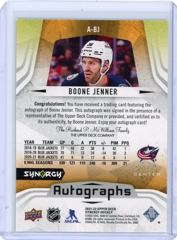 2021-22 Upper Deck Synergy Boone Jenner Autograph - Columbus Blue ...