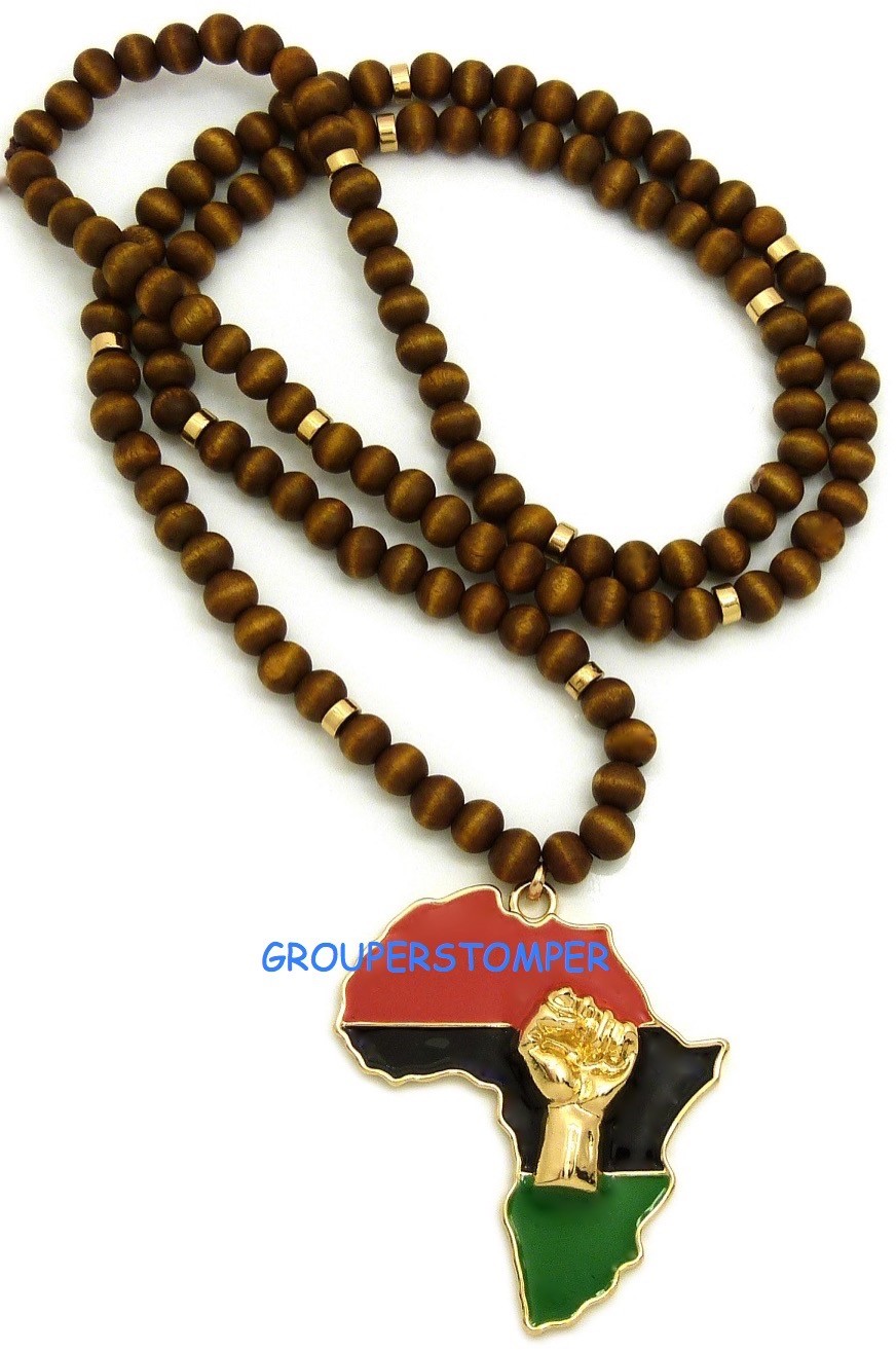 Power Fist On Pan-African Africa Pendant Necklace 36" Long 8mm Wood ...