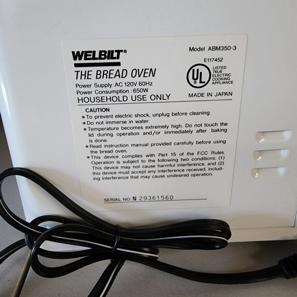 Welbilt ABM 350-3 Bread Maker Making Machine 1lb Loaf W/Manual & Recipe ...