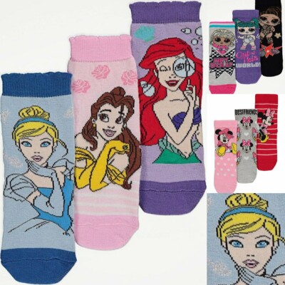 GIRL'S DISNEY PRINCESS / CHARACTER SOCKS RICH COTTON ANKLE SOCKS 3 PACK ...