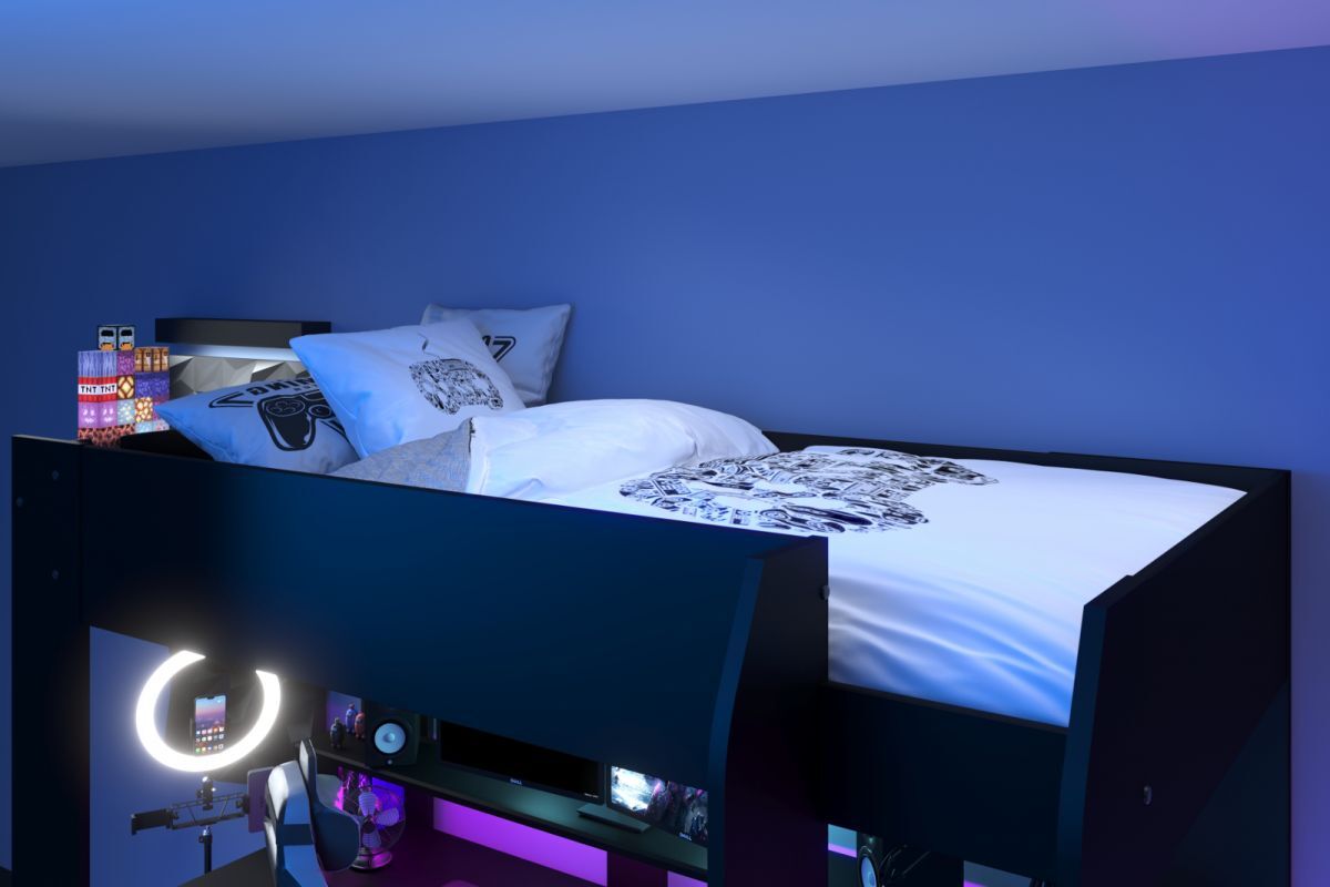 Hochbett schwarz Gaming LED Jugendzimmer Bett mit Schreibtisch Parisot ...
